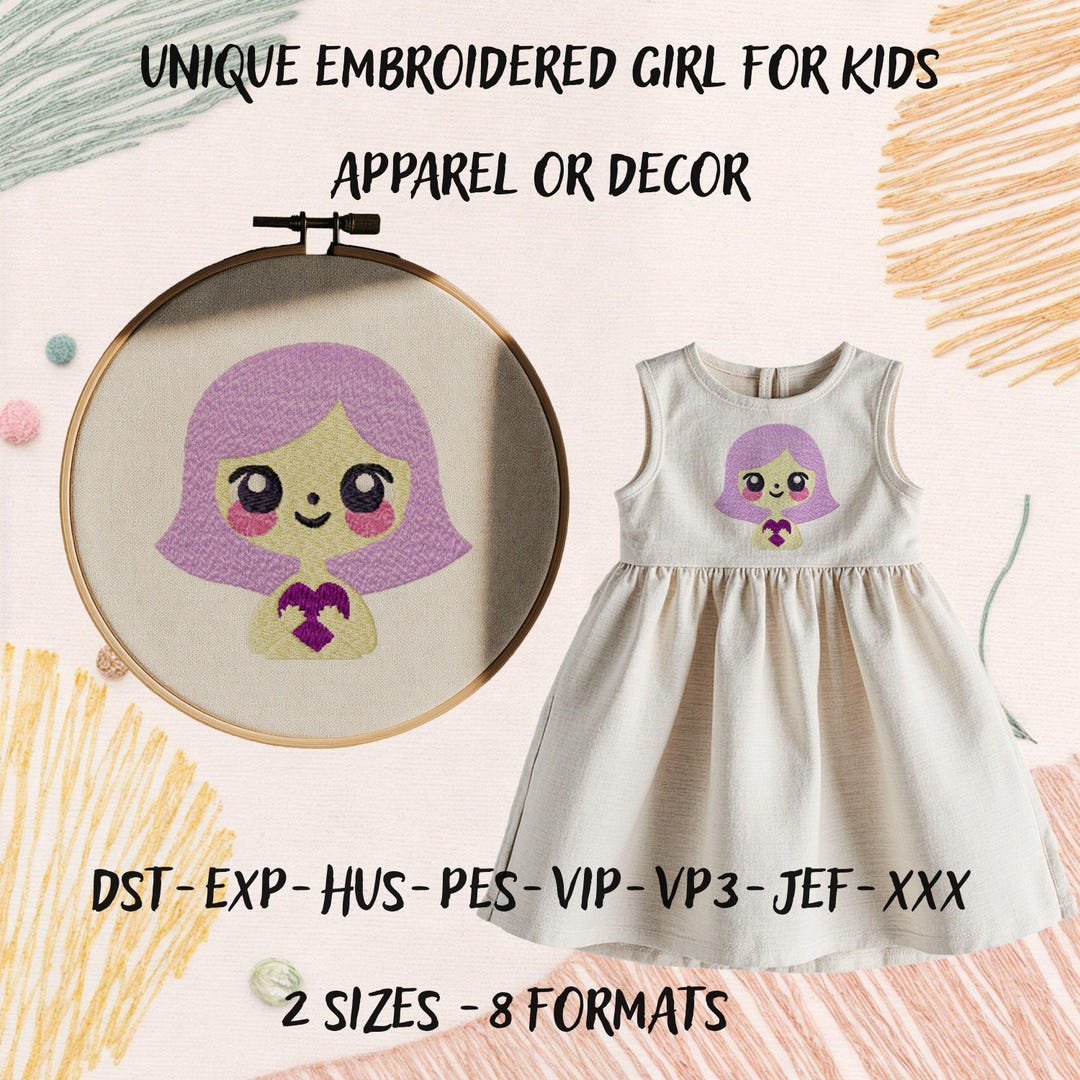 Cute Little Girl Embroidery Pattern, Purple & Red Heart, Machine ...