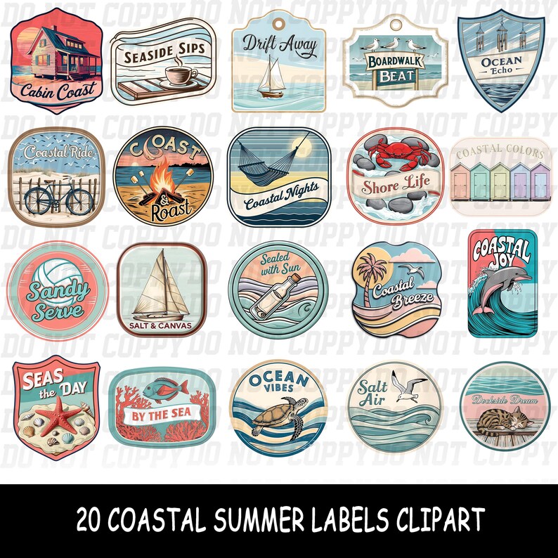 20 Coastal Summer Labels PNG Bundle, Retro Beach Clipart, Vintage Ocean ...
