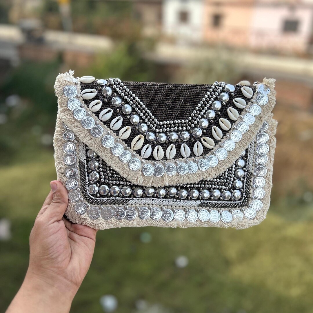 Cowrie Shell & Coin Embellished Clutch Bag | Hand Beaded Evening Party ...