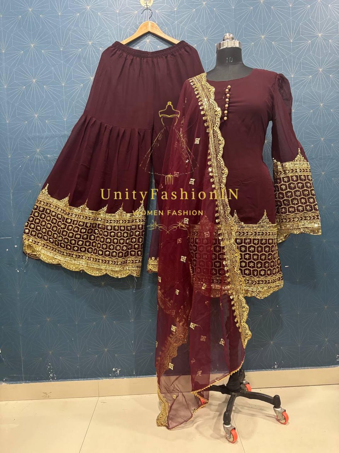 Maroon Sharara Gharara Suit Heavy Georgette With Fully Embroidered ...