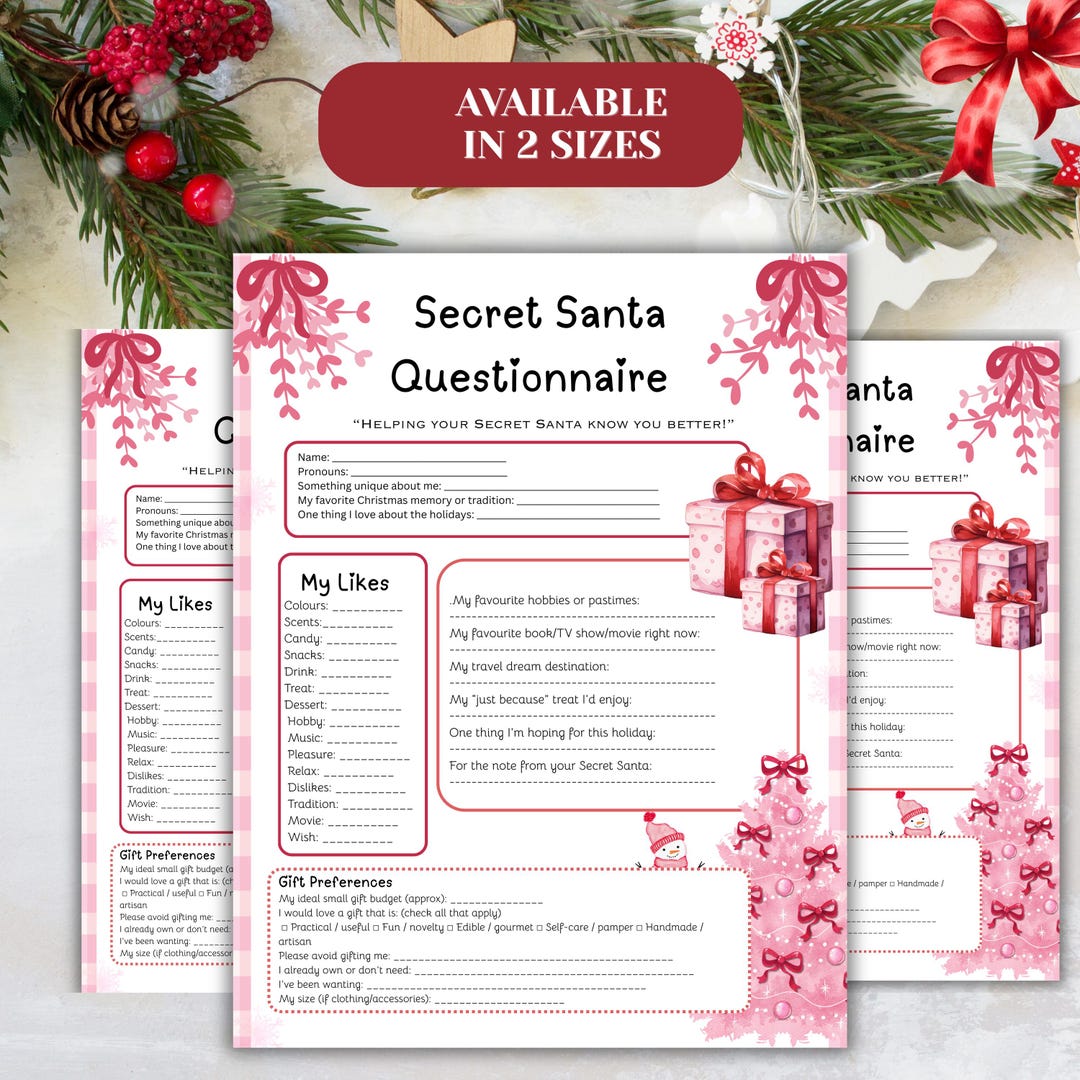 Printable Secret Santa Questionnaire: Christmas Gift Exchange (PDF) - Etsy