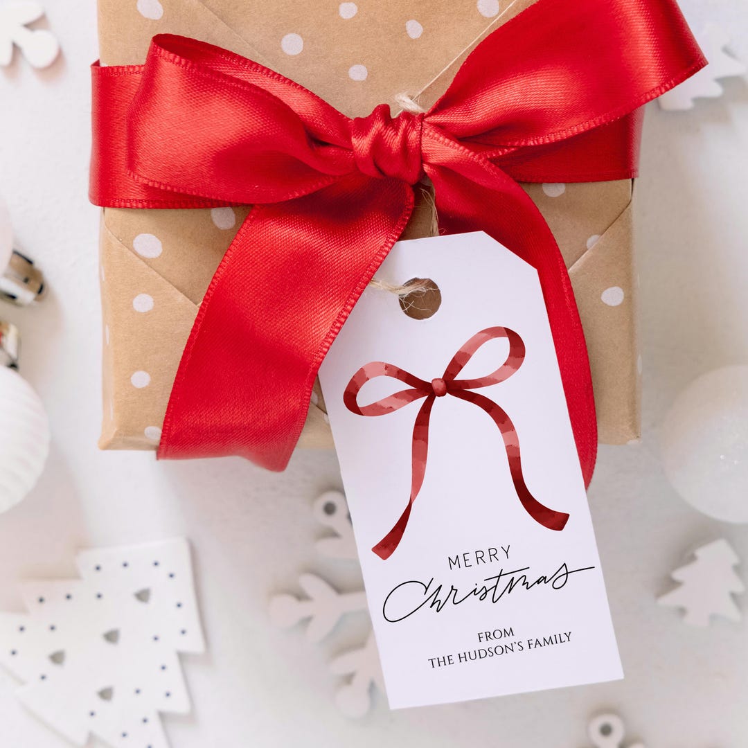 Editable Red Bow Christmas Gift Tags, Printable Holiday Present Labels ...