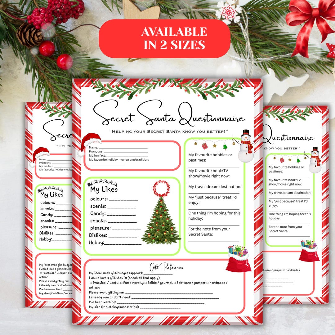 Secret Santa Questionnaire, Christmas Gift Exchange, Holiday Party Game ...