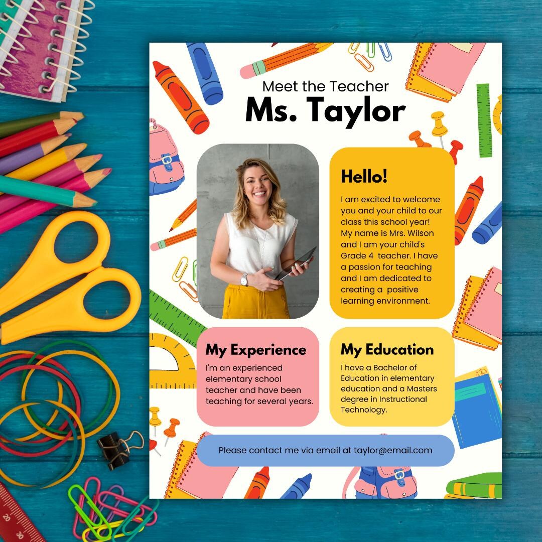 Editable “meet the Teacher” Template - Bright School Supplies Theme ...