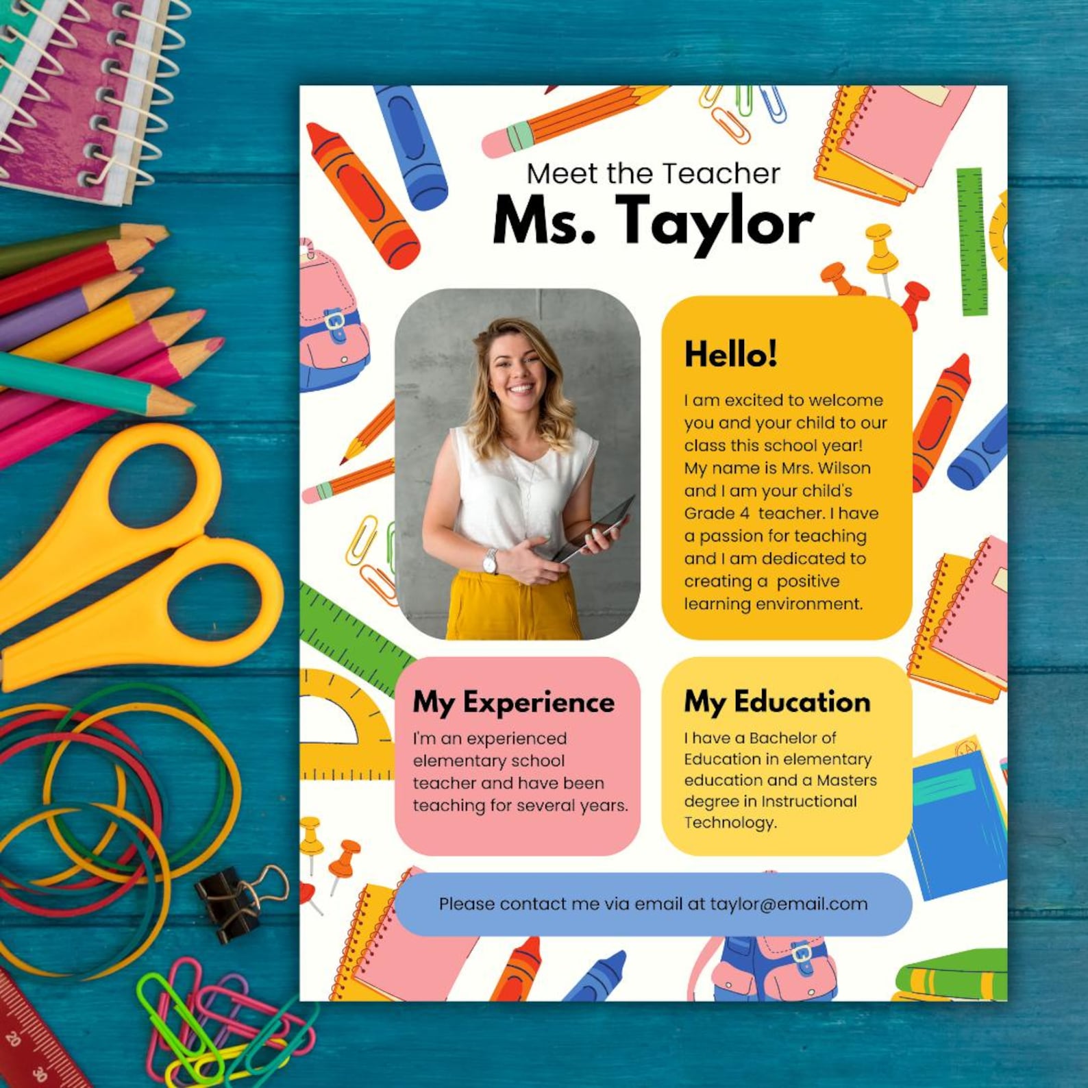 Editable “meet the Teacher” Template - Bright School Supplies Theme ...