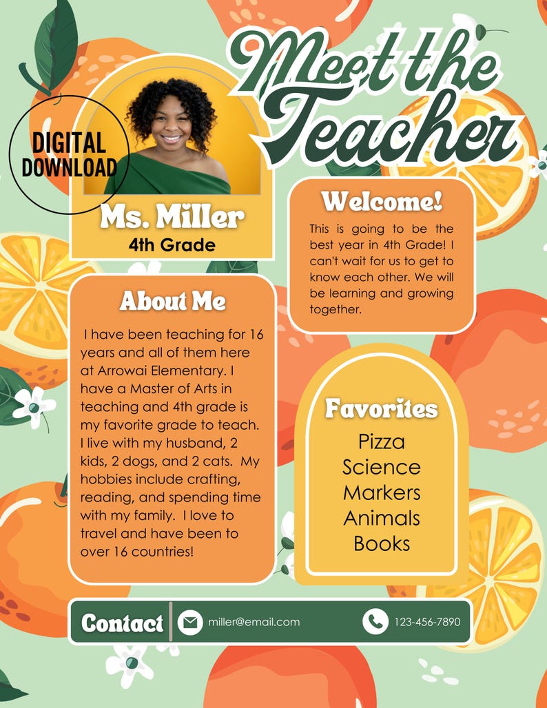 Editable Meet the Teacher Template – Citrus Fruit Retro Theme | Canva ...
