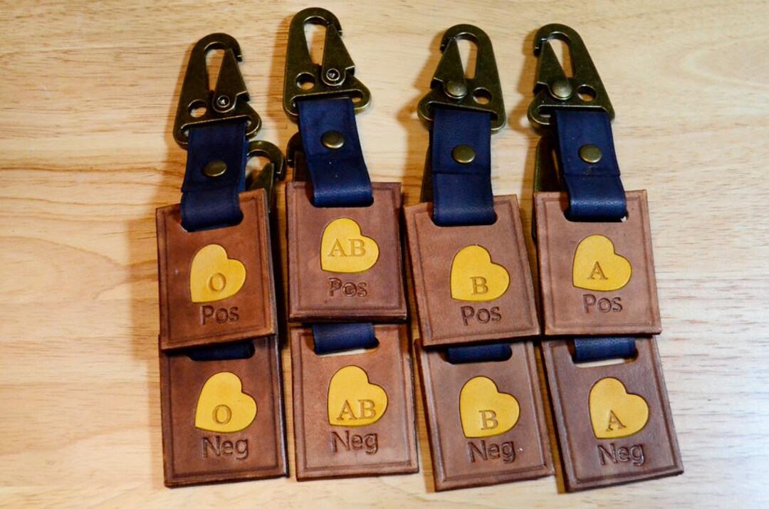 Rustic Brown Leather Blood Type Keychain With Yellow Inlay Heart and ...