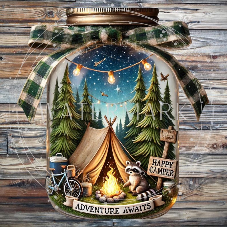 A “happy Camper” Tumbler Wrap PNG – Raccoon, Tent and Campfire Scene in ...