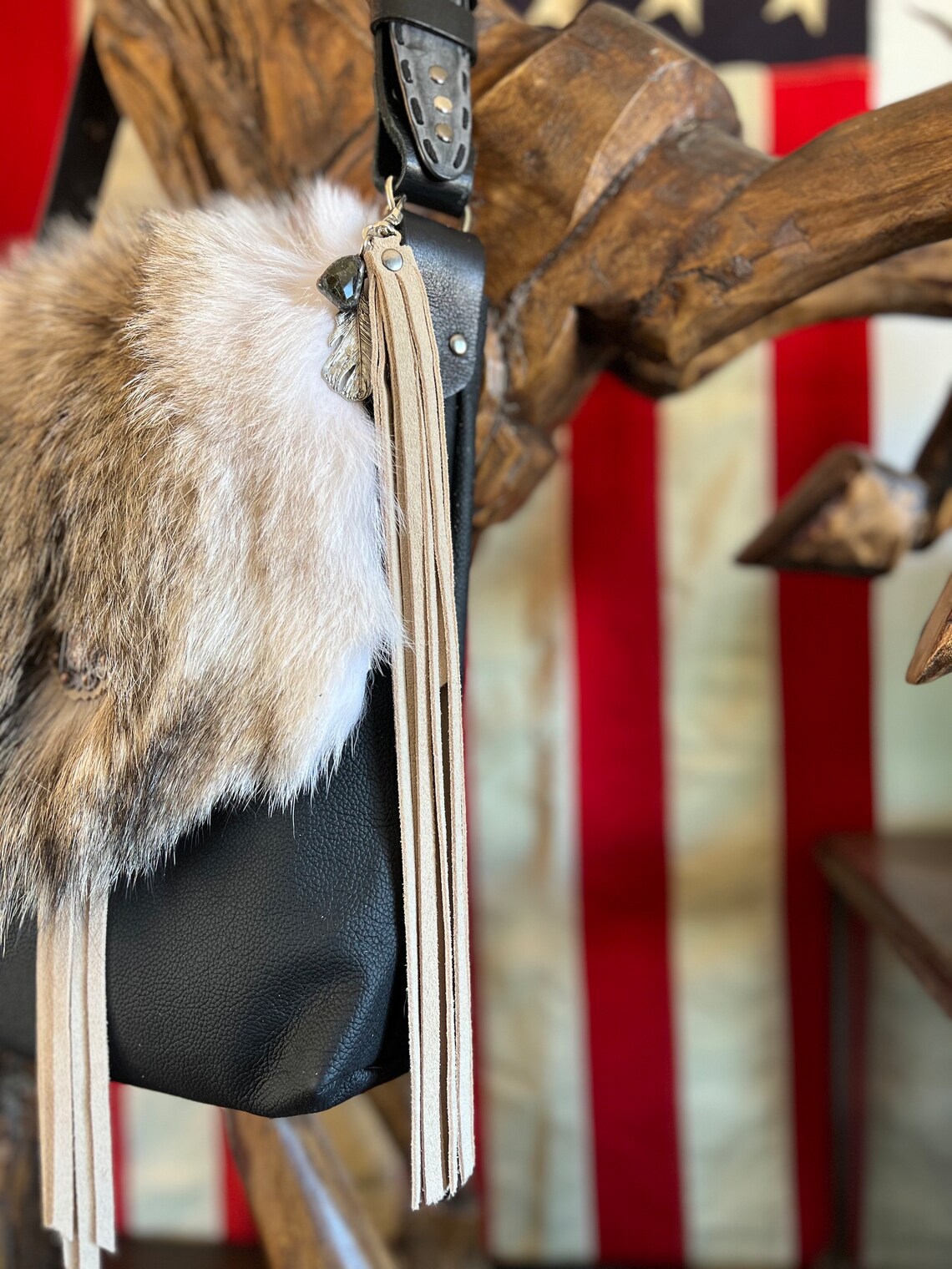 Coyote FUR Handcrafted Black Leather Handbag Crossbody Concho Fringe ...