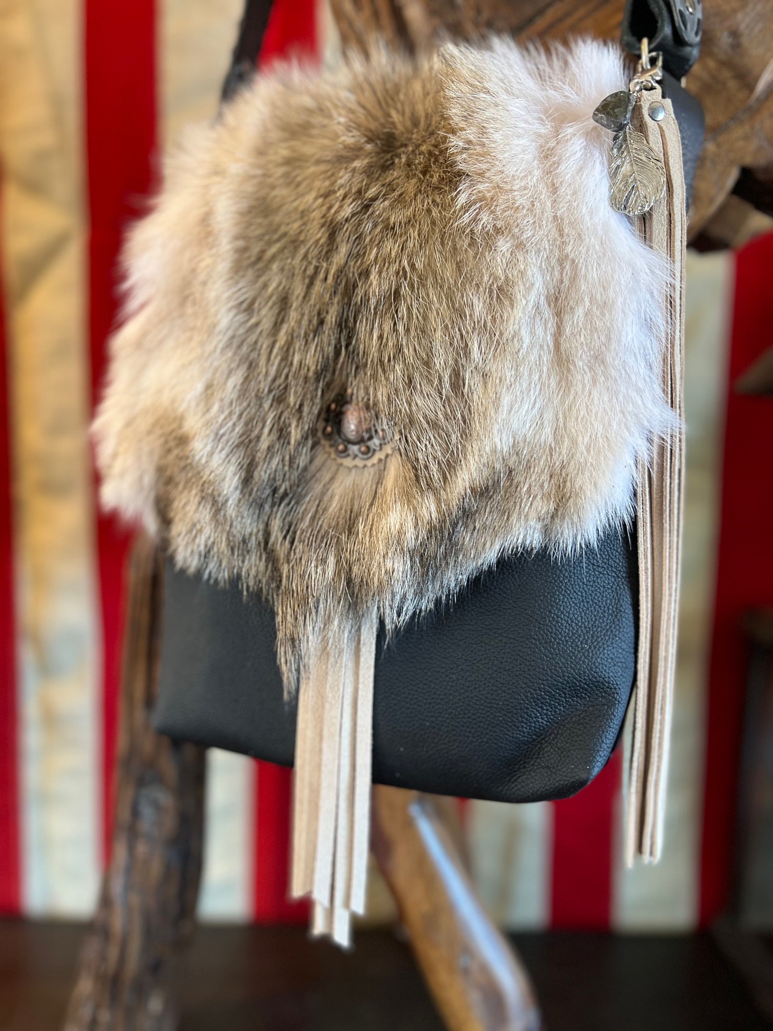 Coyote FUR Handcrafted Black Leather Handbag Crossbody Concho Fringe ...