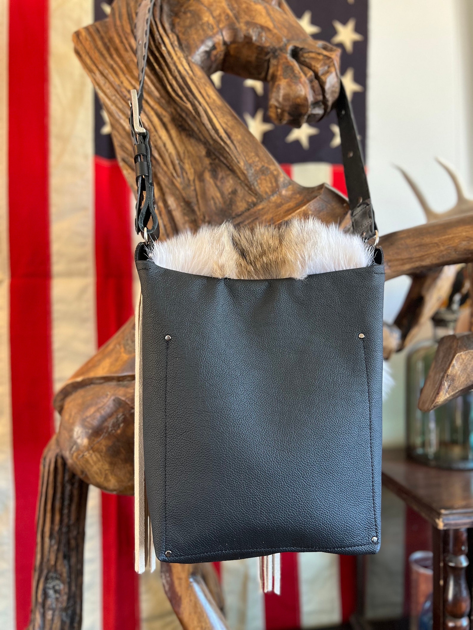 Coyote FUR Handcrafted Black Leather Handbag Crossbody Concho Fringe ...