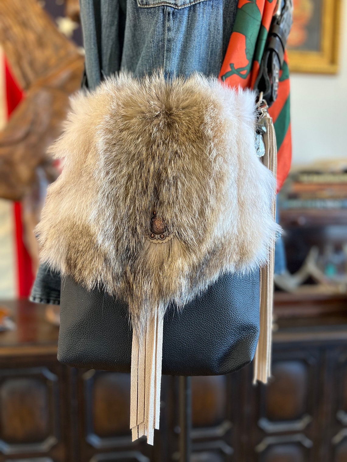 Coyote FUR Handcrafted Black Leather Handbag Crossbody Concho Fringe ...