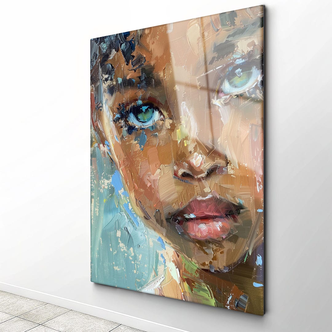 Abstract Face Glass Wall Art, Impasto Portrait Print, Modern Woman Eyes ...