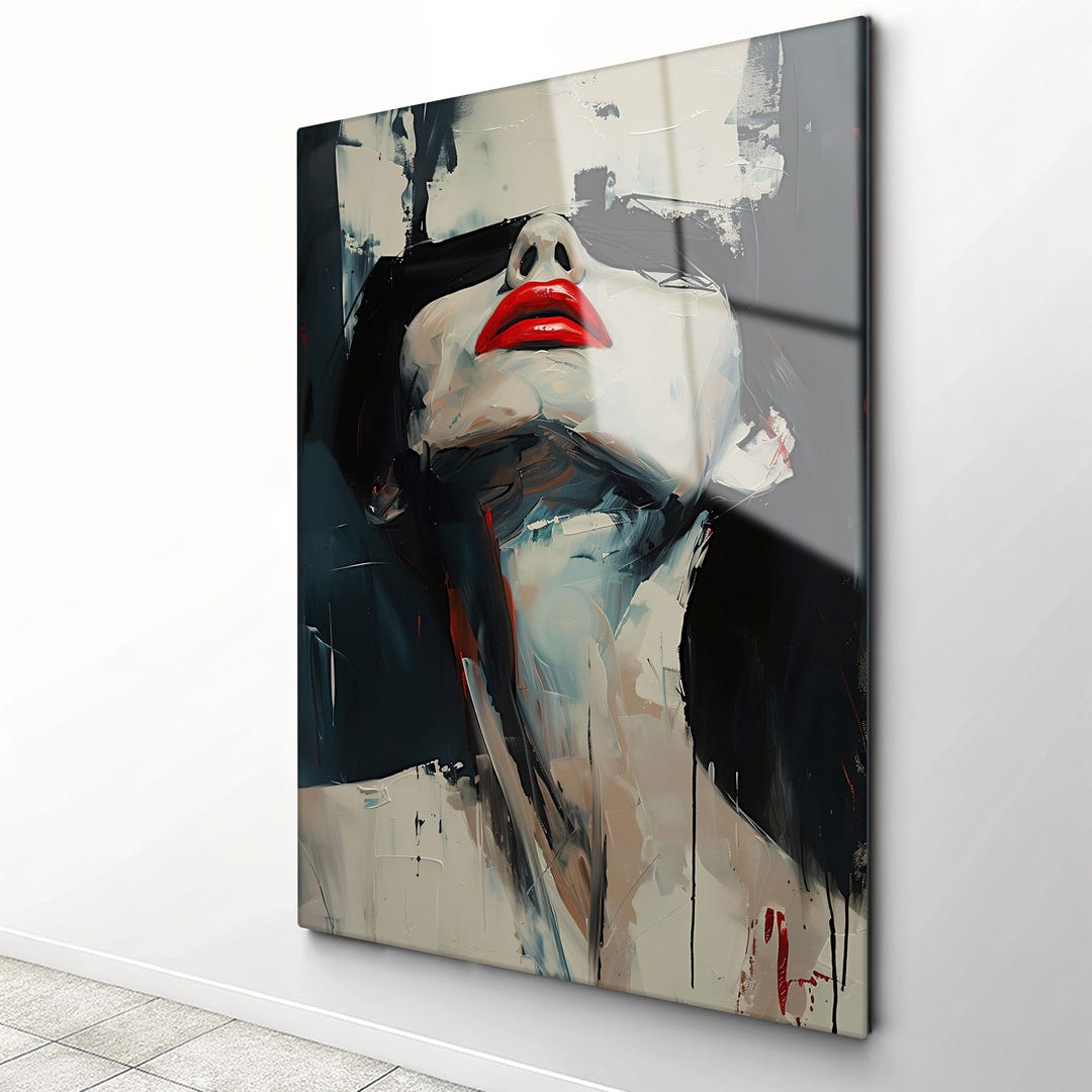 Dramatic Woman Portrait With Red Lips, Abstract Female Face Wall Art ...