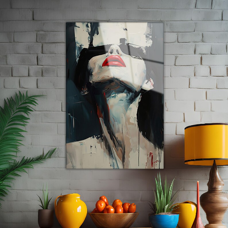 Abstract Woman Portrait, Red Lips, Expressionist Glass Wall Art - Etsy
