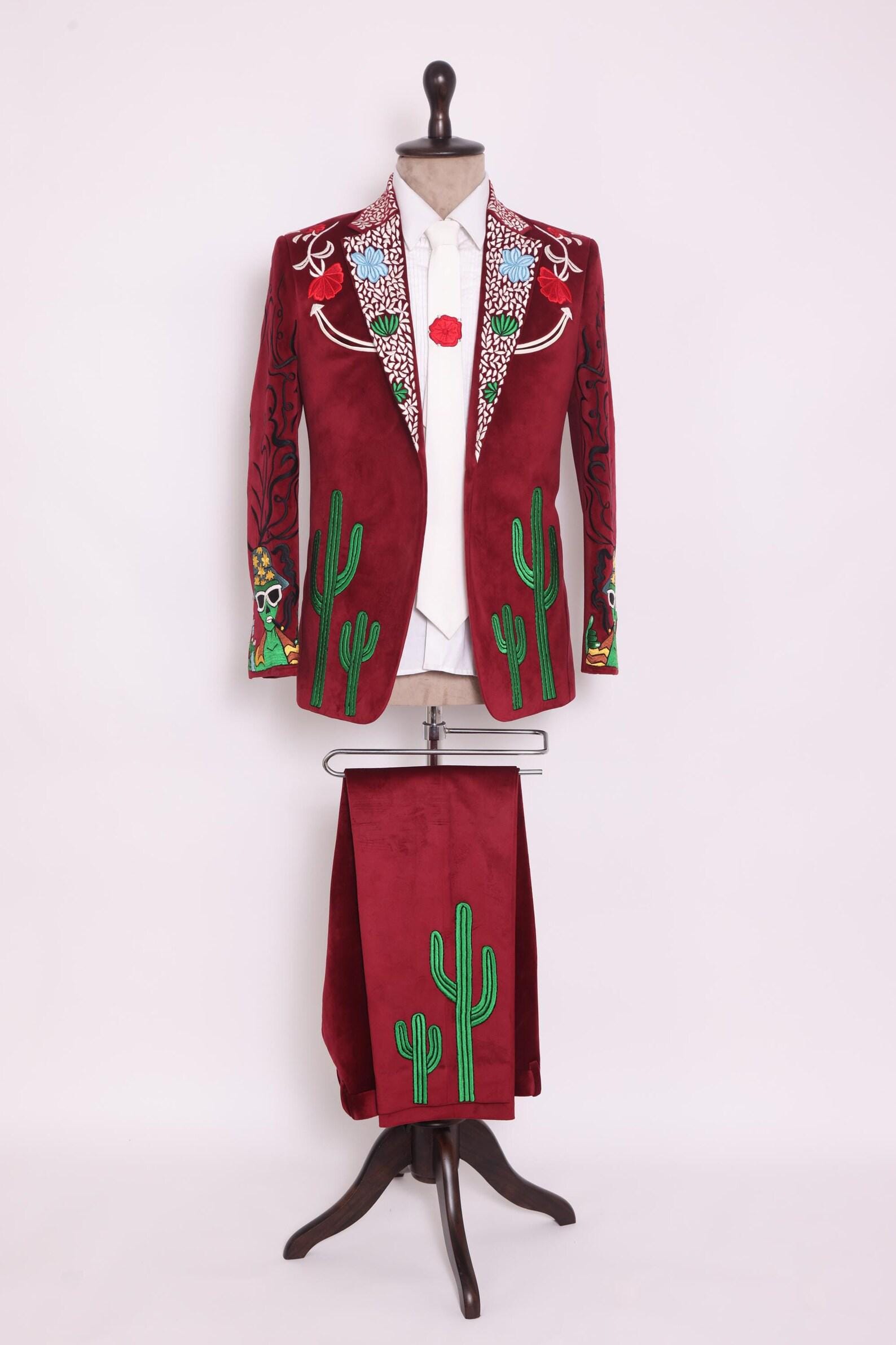 Bespoke Men's 2-piece Red Velvet Western Cowboy Embroidered Suit Cactus ...