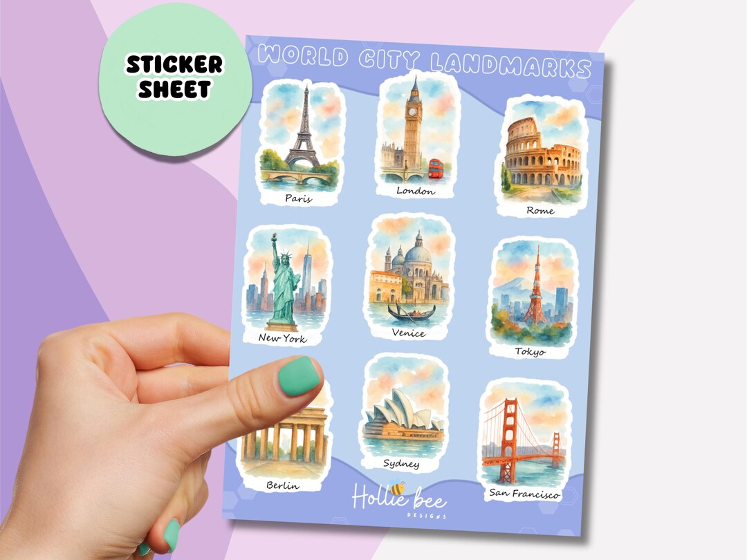 World City Landmarks Stickers, Watercolour Travel Sticker Sheet With ...
