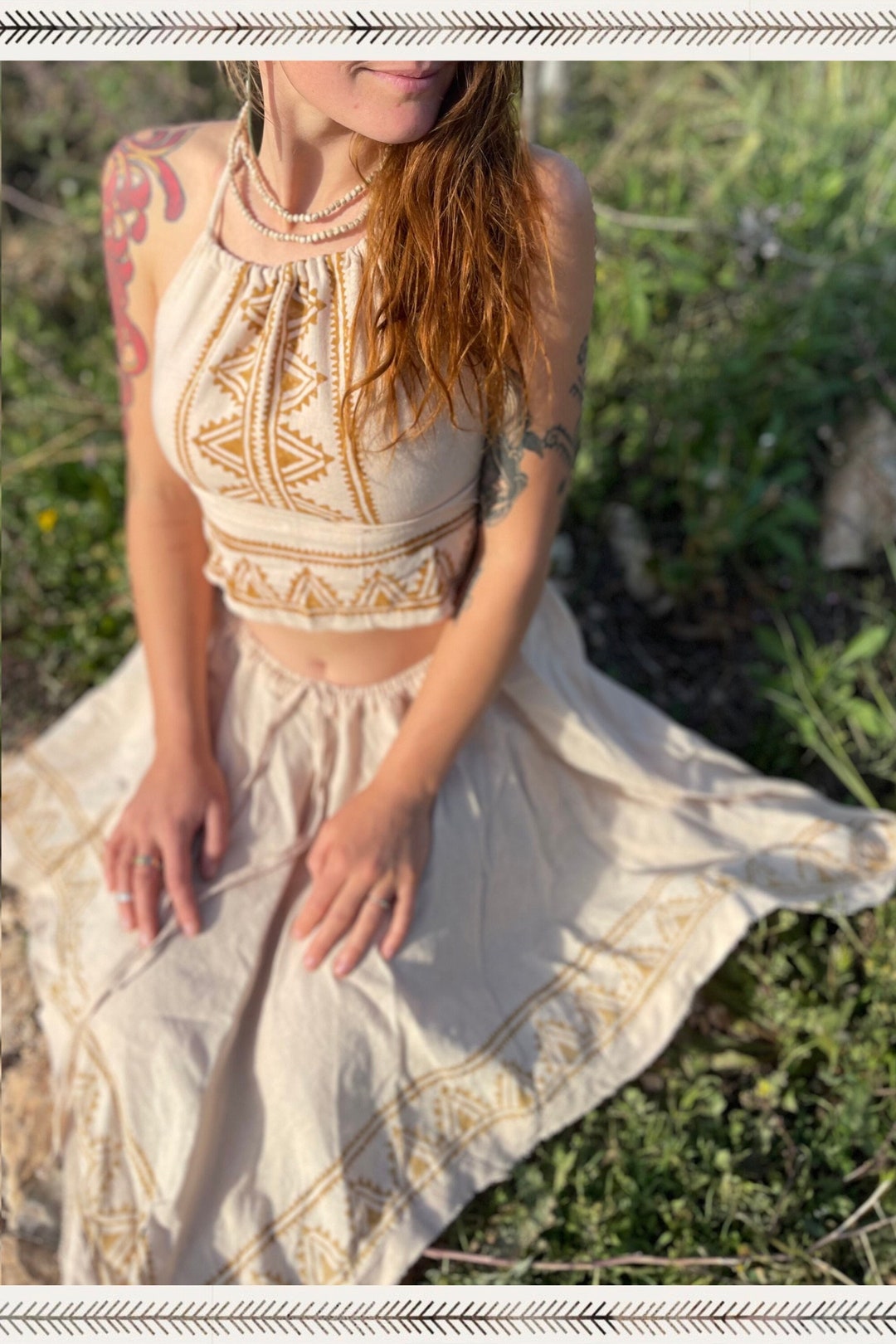 Ancient Butterfly Outfit Skirt Top Camel Blockprint - Etsy