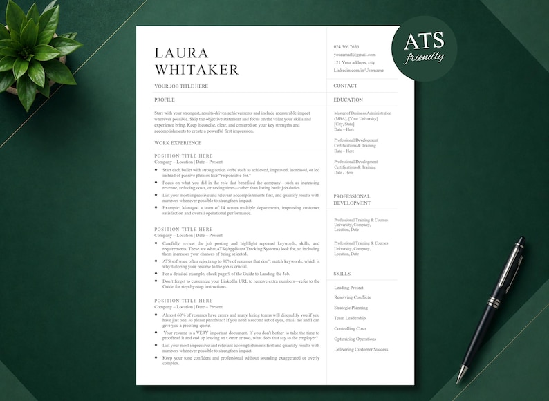 Modern ATS Resume Template Word Pages Google Docs, 2-page CV - Etsy
