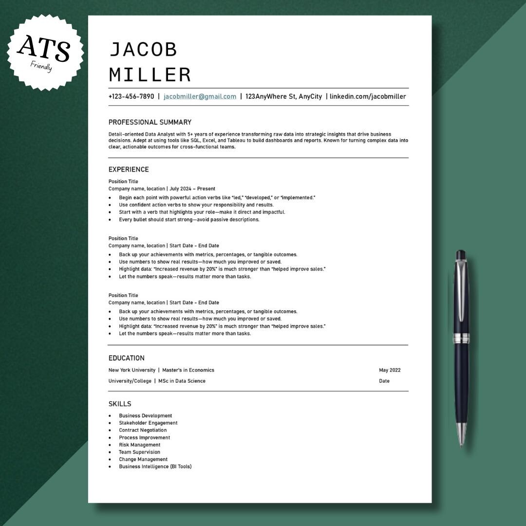 ATS Friendly Resume Template | Modern CV for Word, Pages & Google Docs ...
