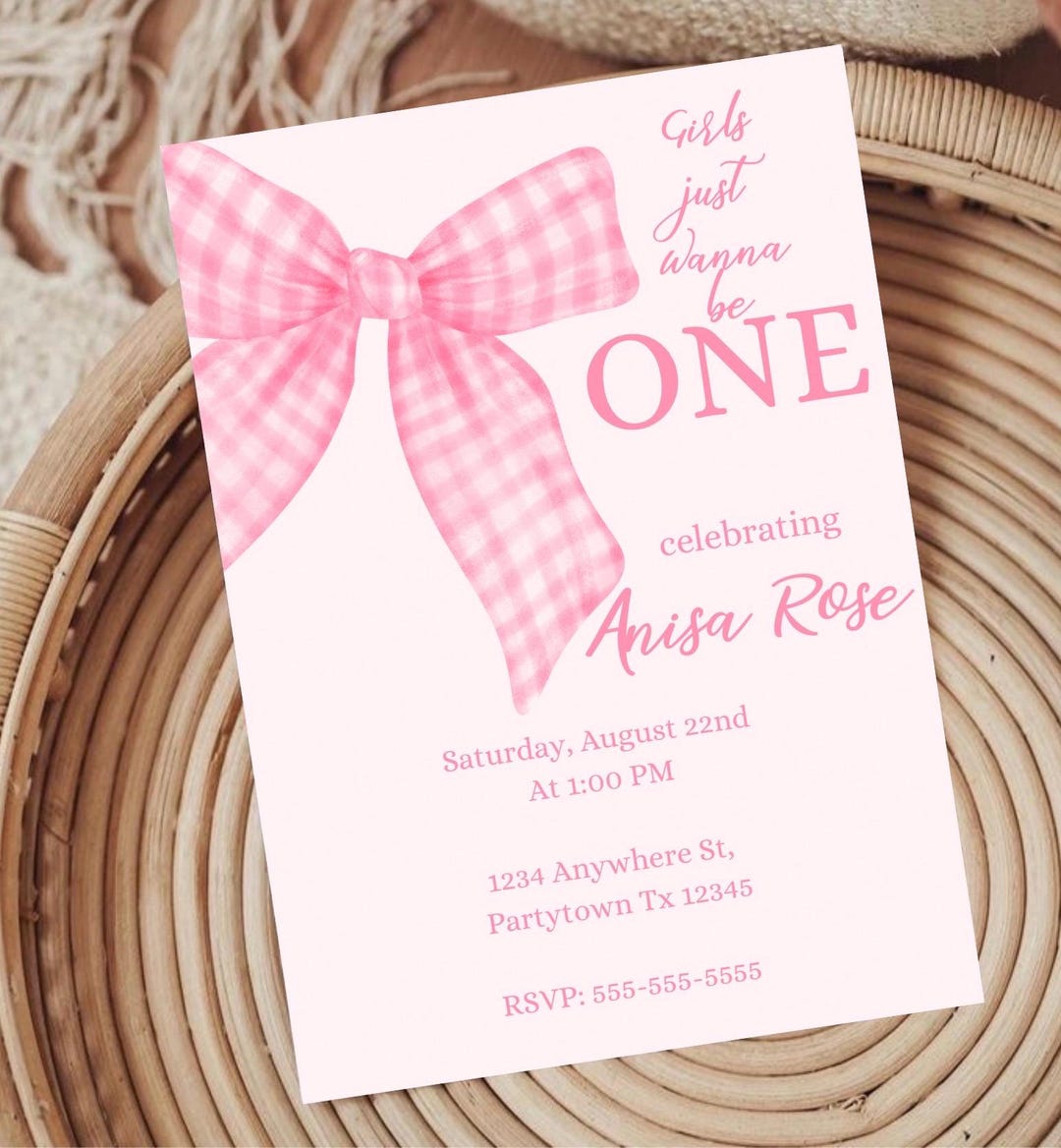 Girls Just Wanna Be One Birthday Invitation - Pink Gingham Bow First ...