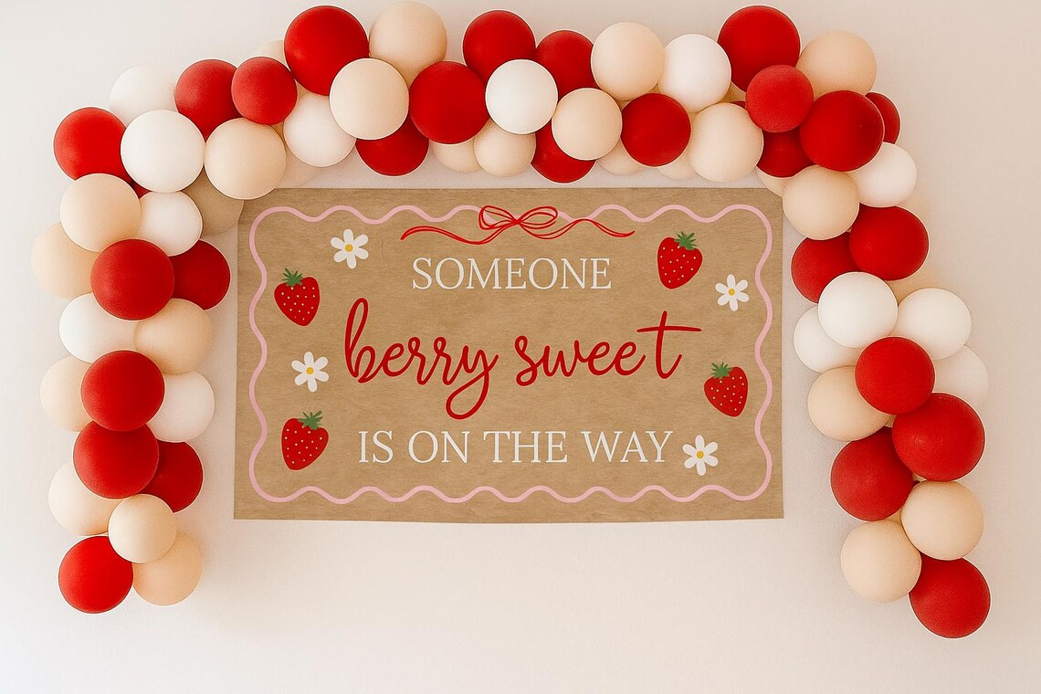 Berry Sweet Baby Shower Banner Template: Strawberry Theme (canva ...