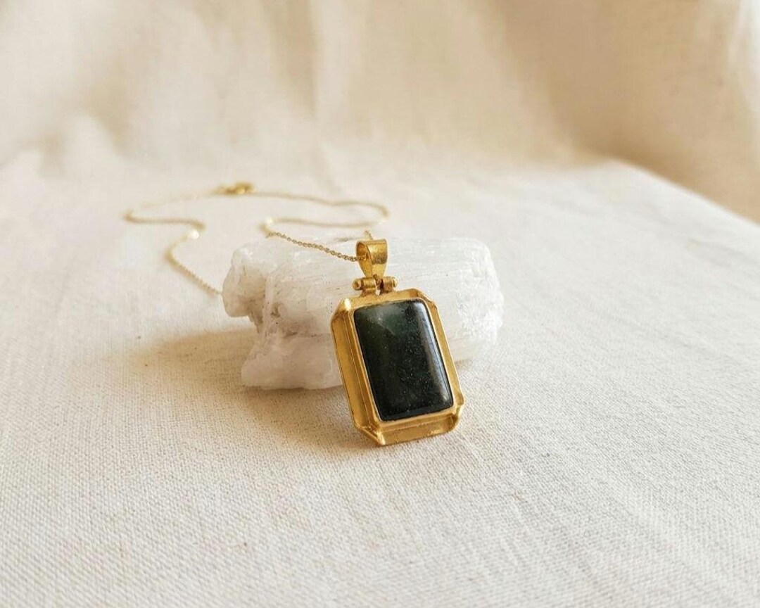 Rectangle Jade Necklace, Gold Necklace, Gemstone Jewelry, Silver With ...
