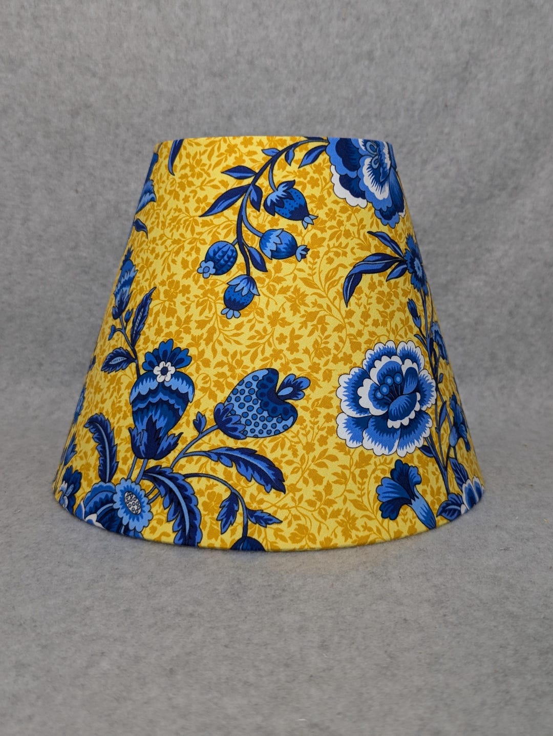 Blue Flowers on Yellow Lamp Shade. Yellow. Gold. Orange. Petals. Bloom ...