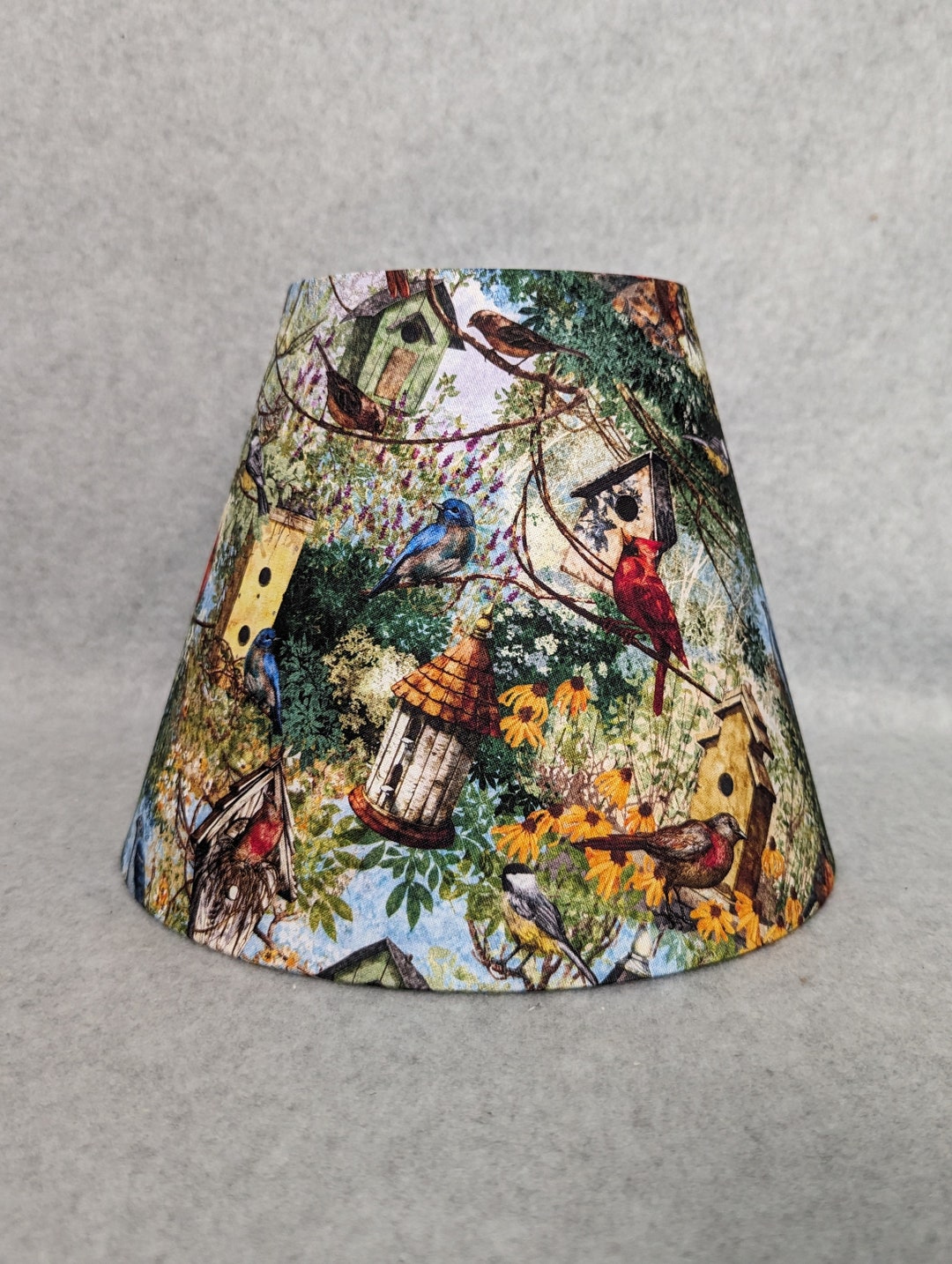 Birdhouses and Wild Birds Lamp Shade. Blue Jay, Cardinal, Finch. Trees ...