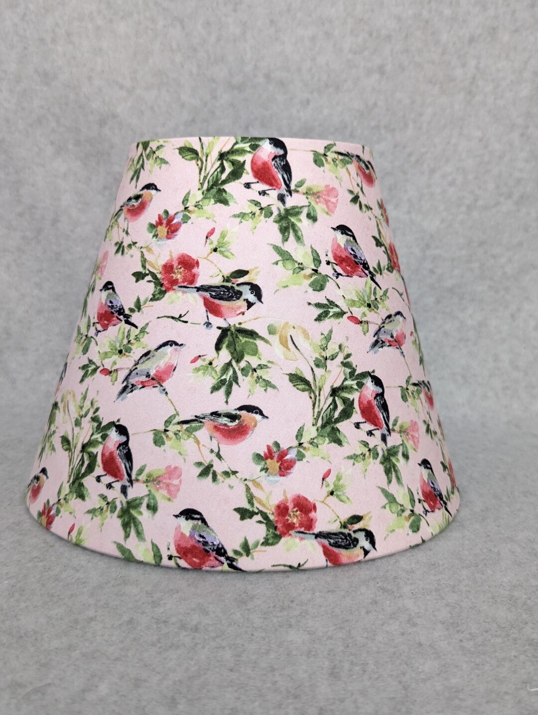 Pink Songbirds Lamp Shade. Lite Pink Background. Green Branches. Birds ...