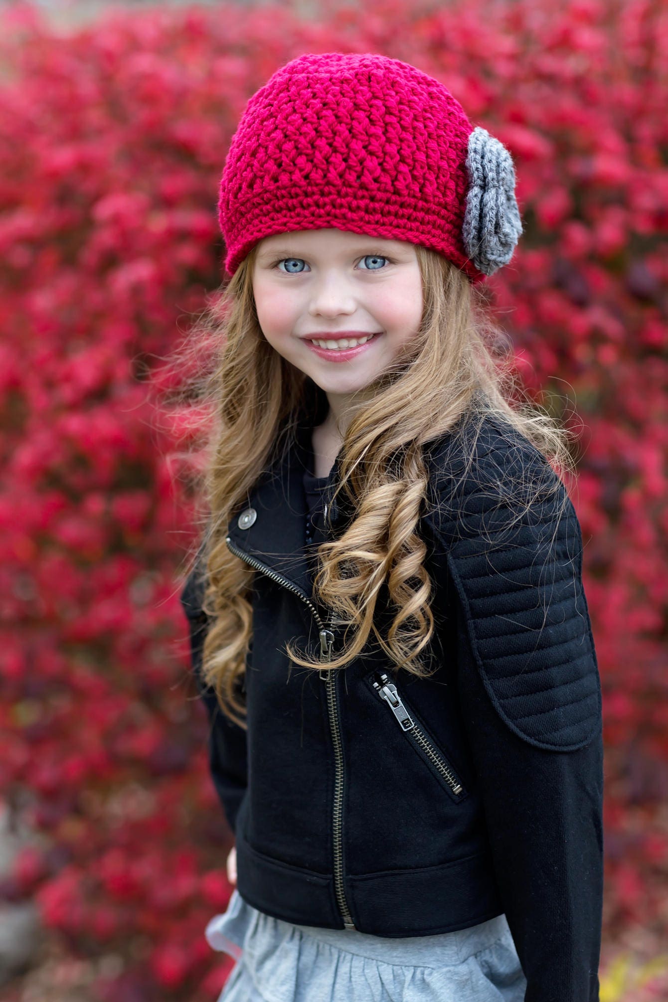 Red Beanie Hat with Gray flower/Beanie hat/Red and Gray Hat | Etsy