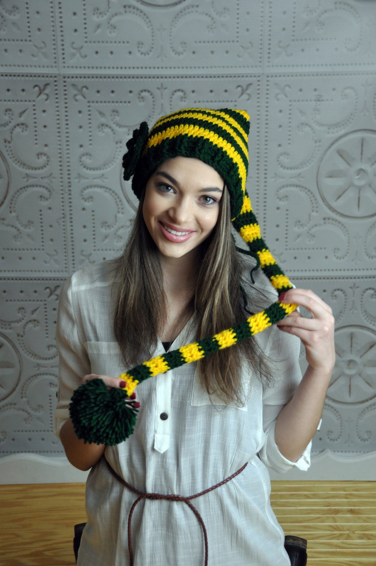 Long Tail Hat/elf Hat/stocking Hat With Flower and Pom Pom Fits Infants ...