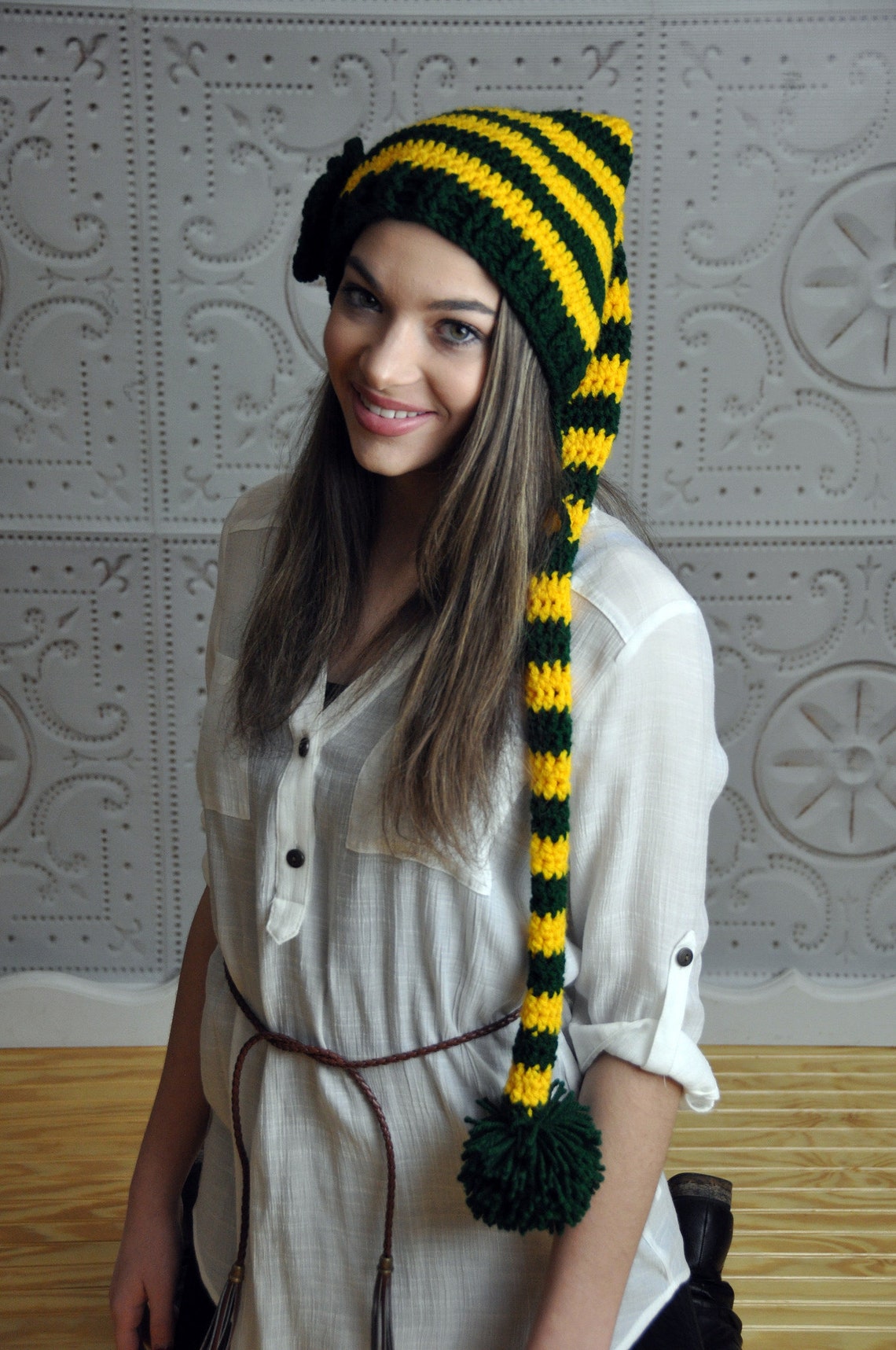 Long Tail Hat/elf Hat/stocking Hat With Flower and Pom Pom | Etsy