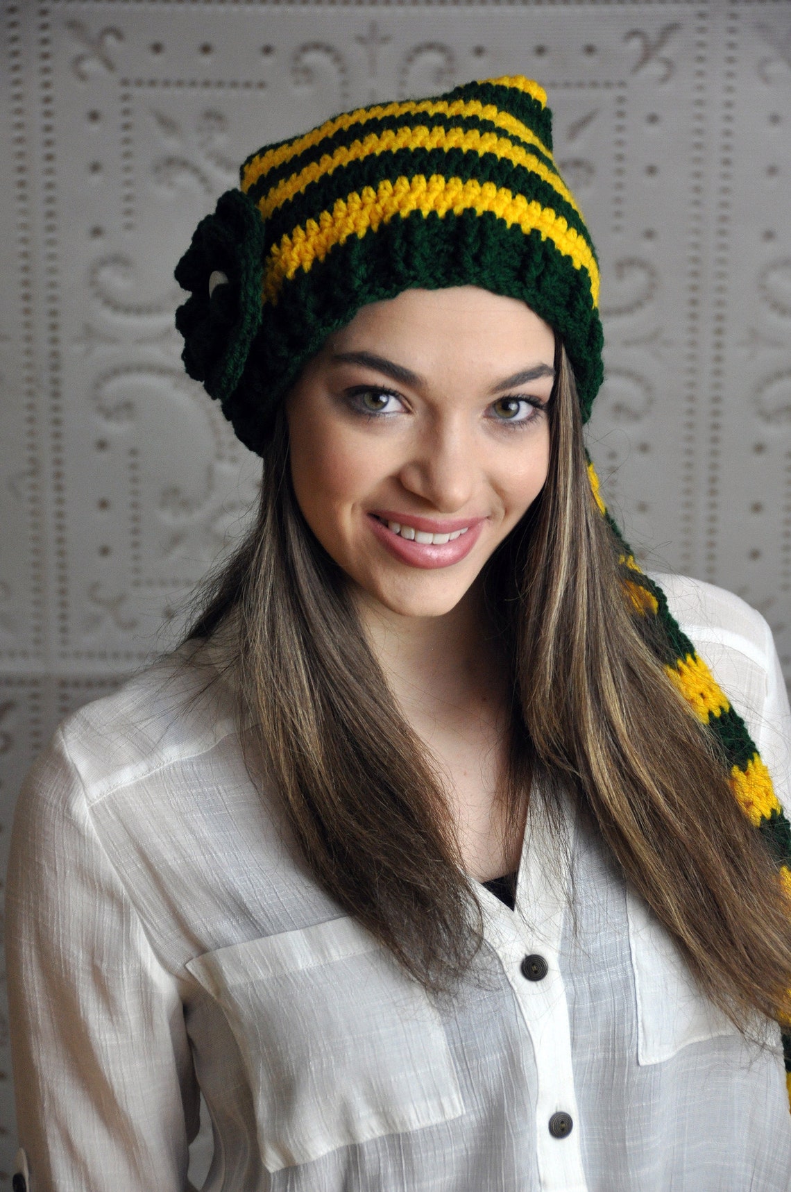 Long Tail Hat/elf Hat/stocking Hat With Flower and Pom Pom | Etsy