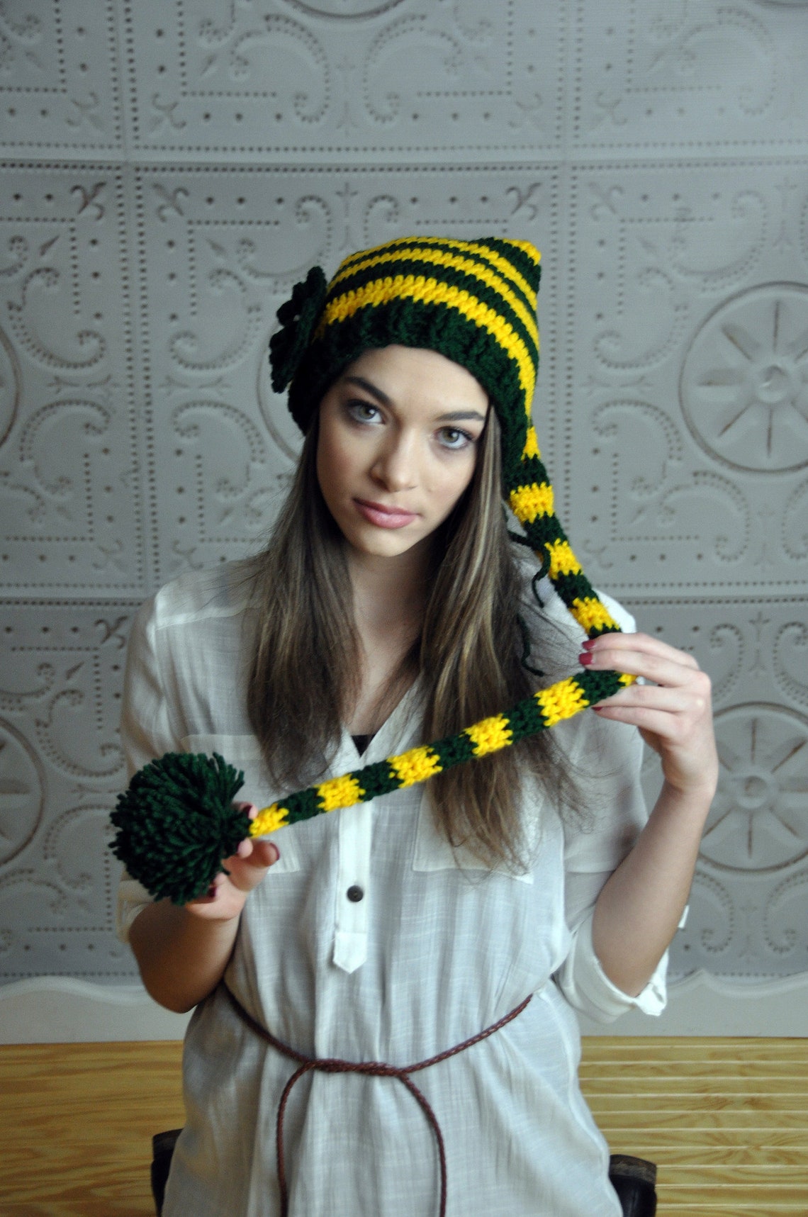 Long Tail Hat/elf Hat/stocking Hat With Flower and Pom Pom | Etsy