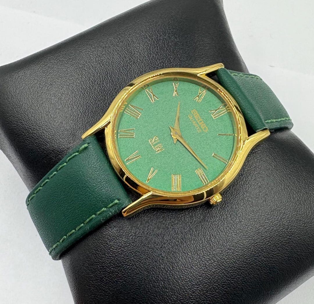 Vintage Seiko Slim Quartz Green Face Men's Wrist Watch- Gift for Dad ...