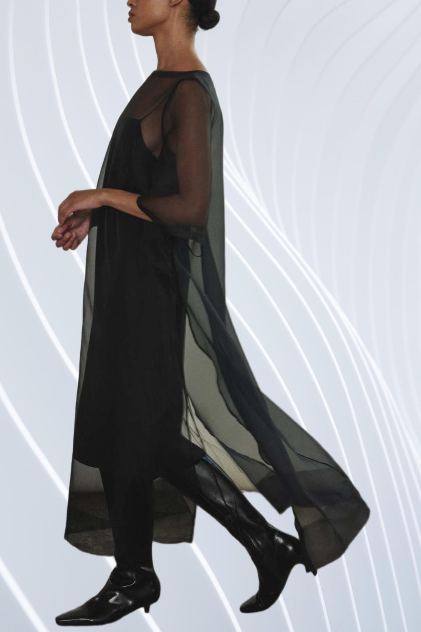 Black Organza A-line Midi Dress With Side Slit – Sheer Elegant Formal ...