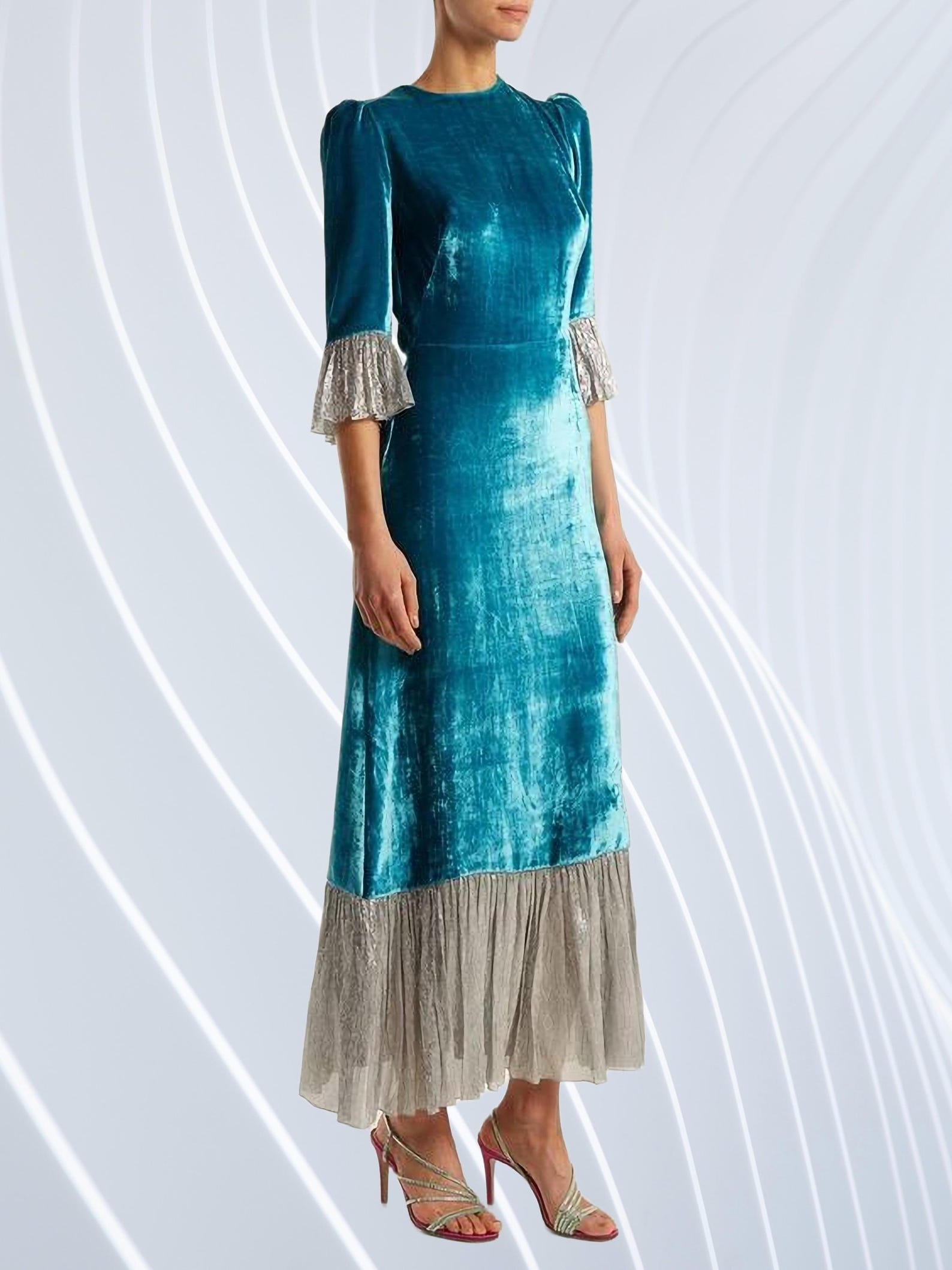 Blue Velvet A-line Dress Ruffle Hem Formal Gown Evening & Cocktail ...
