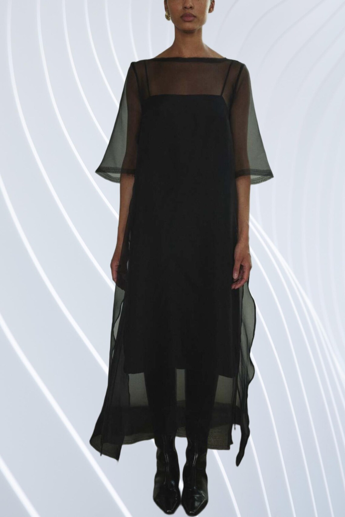 Black Organza A-line Midi Dress With Side Slit – Sheer Elegant Formal ...