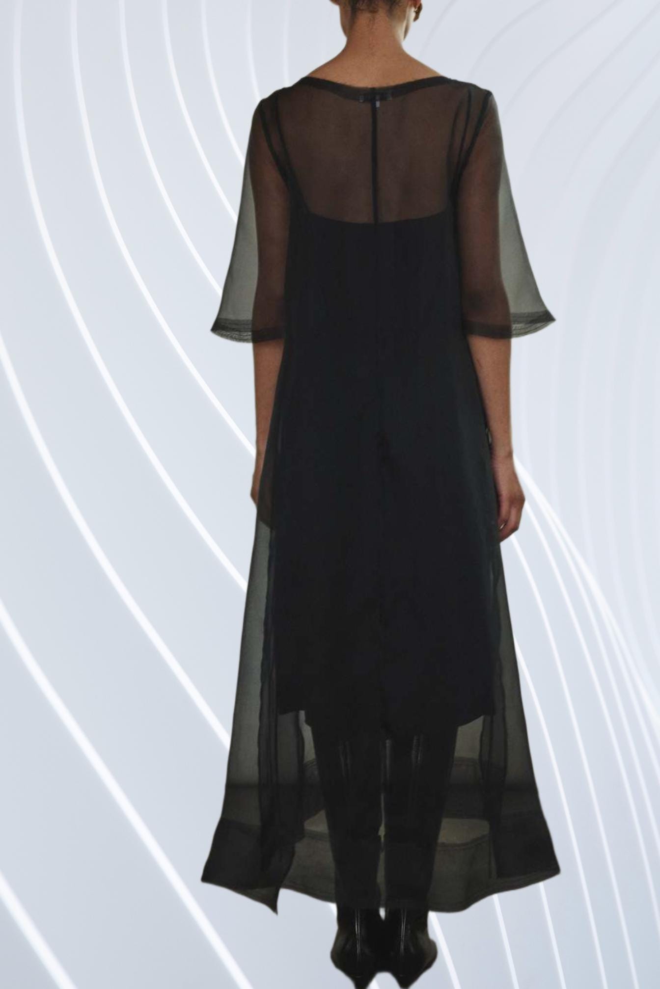 Black Organza A-line Midi Dress With Side Slit – Sheer Elegant Formal ...