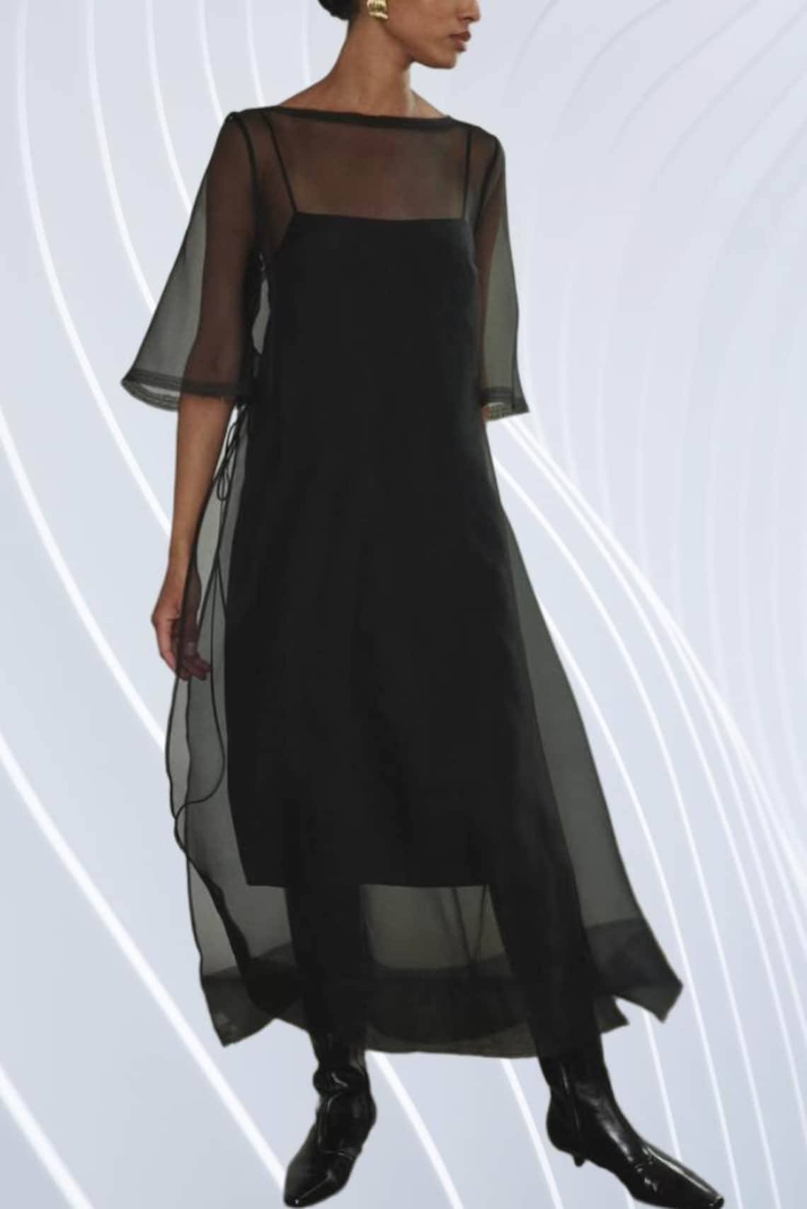 Black Organza A-line Midi Dress With Side Slit – Sheer Elegant Formal ...