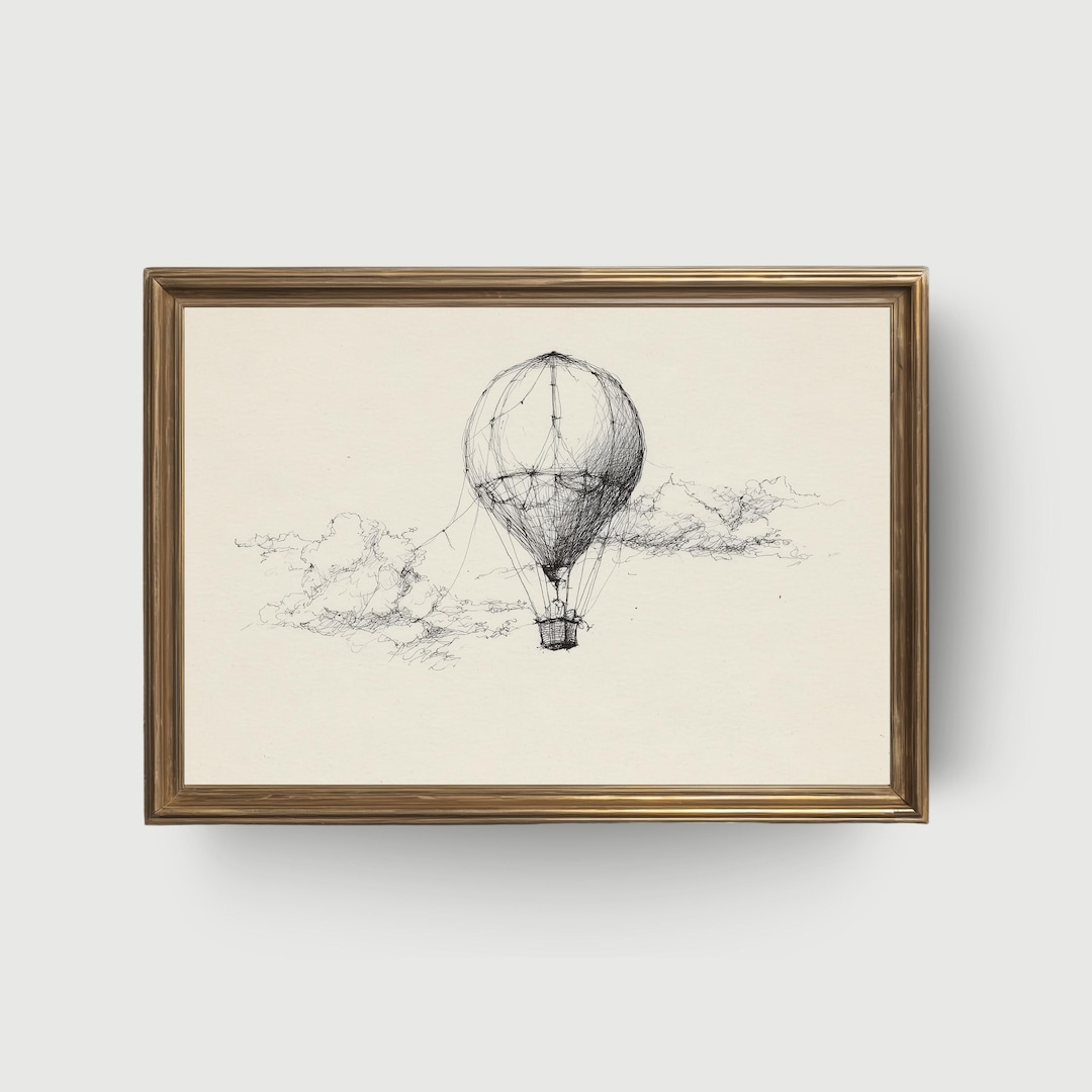 Dessin au trait montgolfière | Art mural noir et blanc minimaliste ...