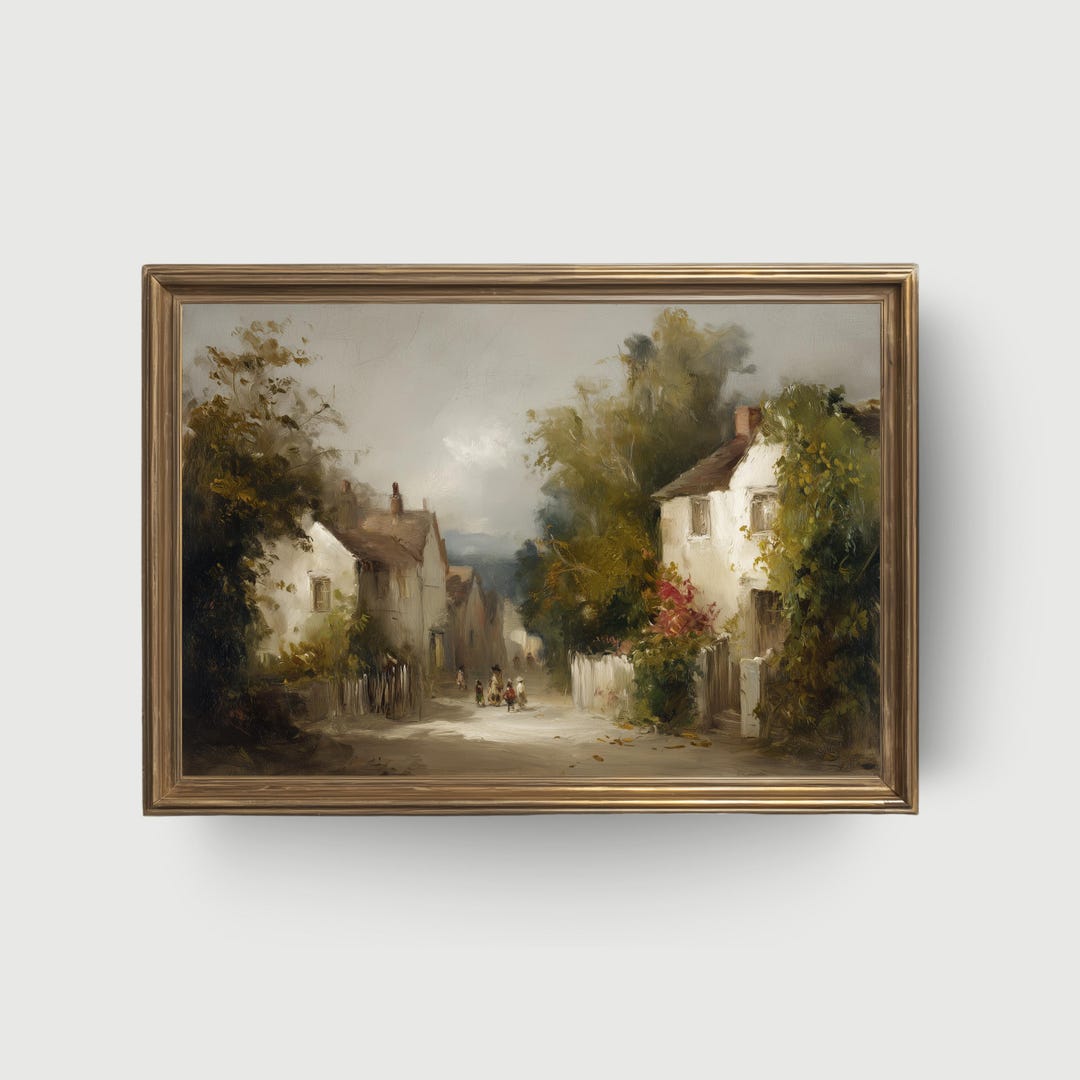 Vintage Village Street Scene | Countryside Cottage Painting, Rustic ...