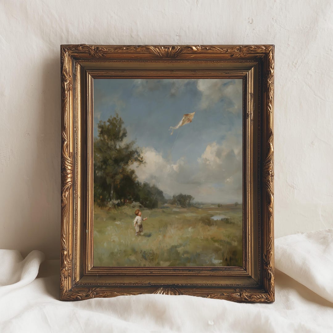Boy Flying a Kite | Whimsical Childhood Painting, Countryside Landscape ...