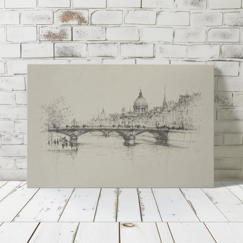 Paris River Bridge Sketch | Elegant European Cityscape Line Art ...