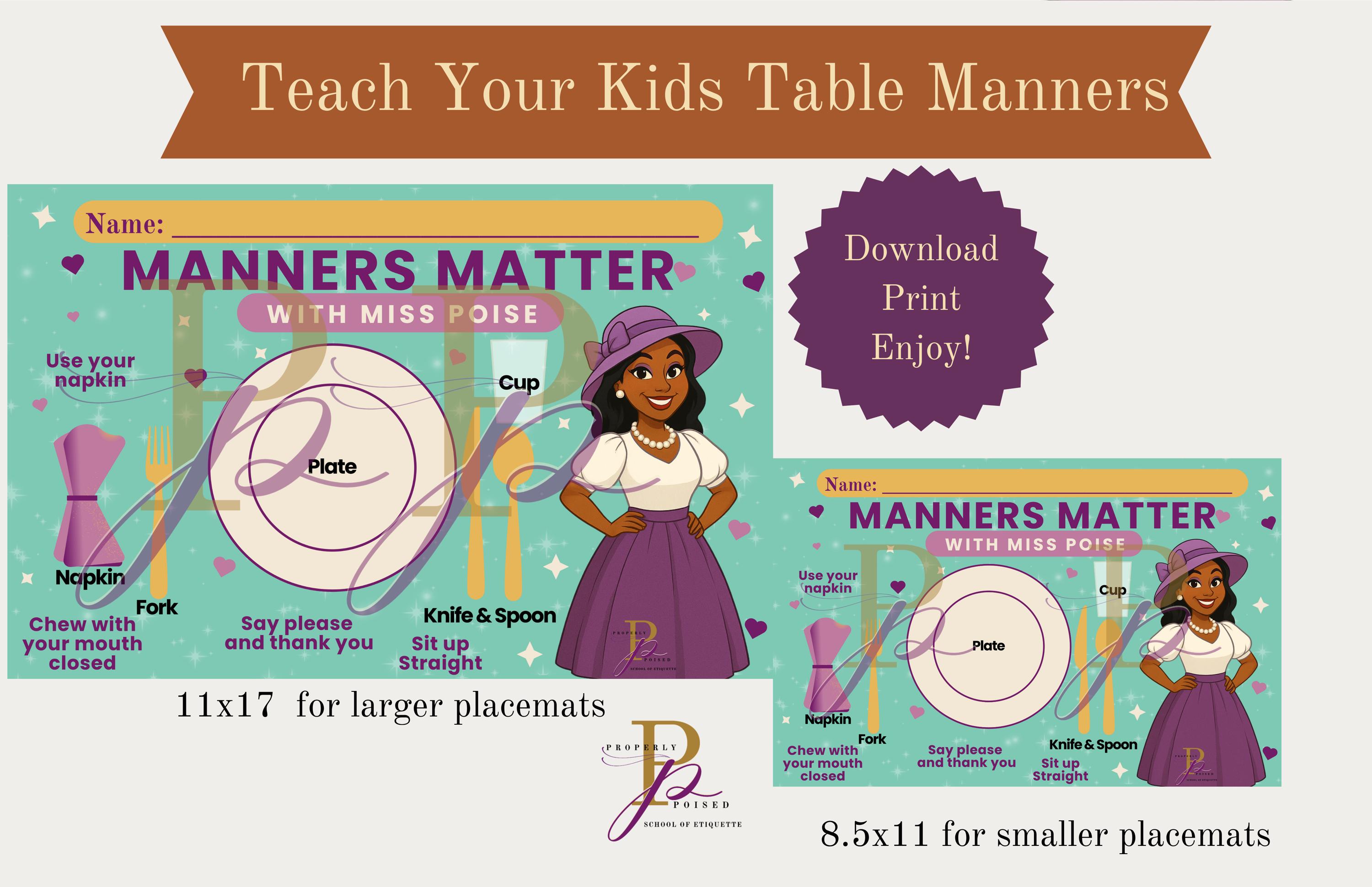 Kids' Table Manners Placemat Printable – Fun Dining Etiquette Mat for Children | Proper Table ...