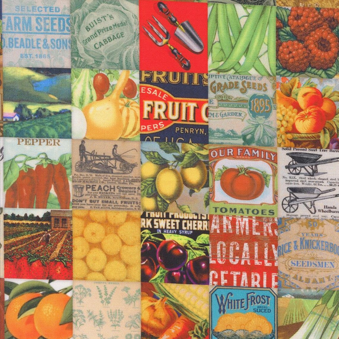 Farm & Garden Quilt Fabric: Vintage Seed Packet Patchwork, Moda Cotton ...