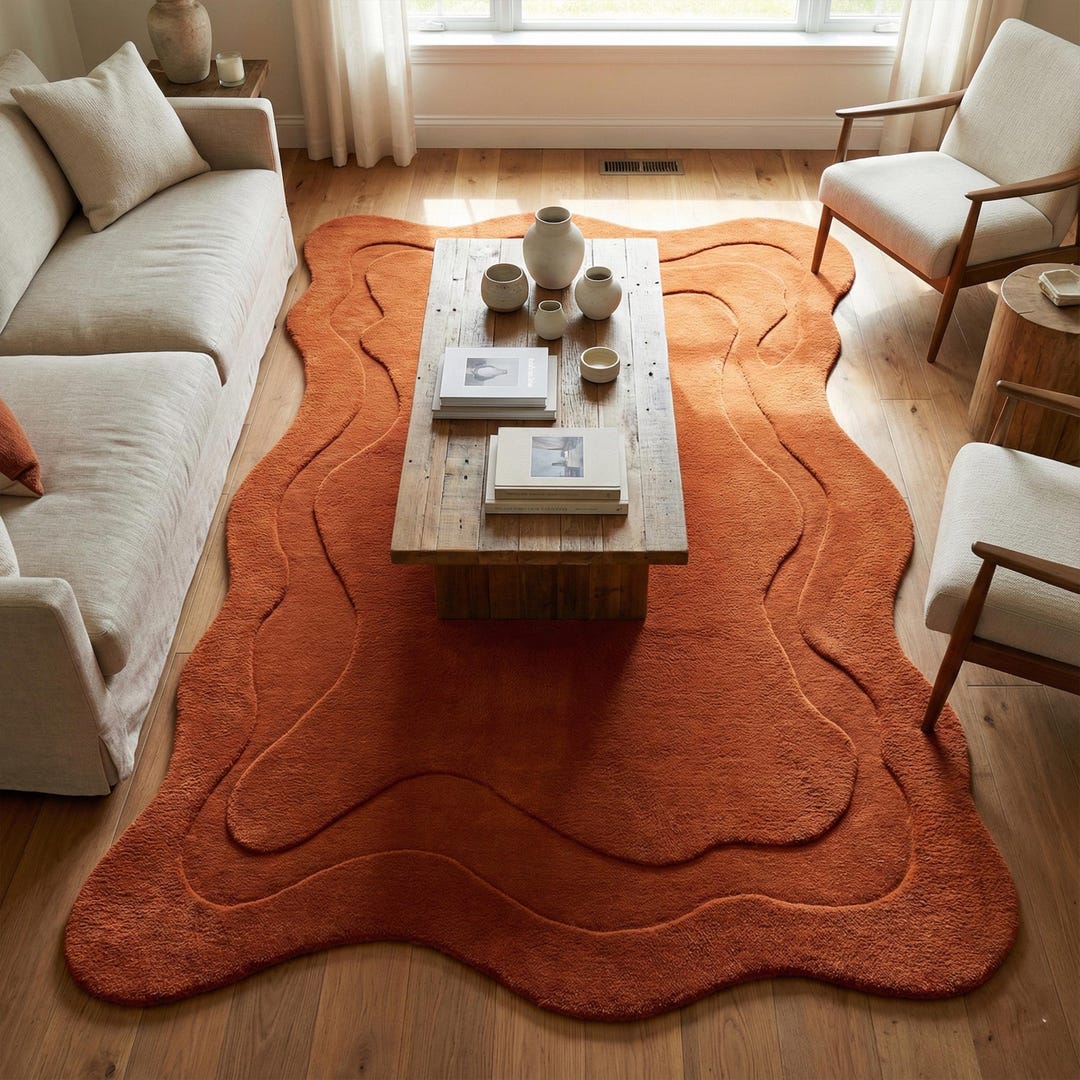 Burnt Orange Irregular Wool Rug, Hand Tufted Abstract Wavy Layered Area ...