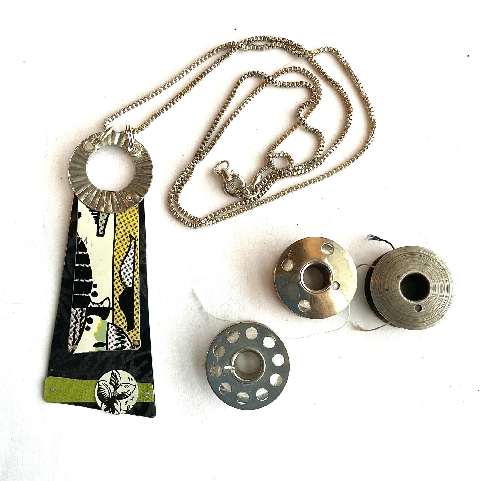 Stacked Tin and Silver Necklace, Greens and Black Vintage Tin, Sterling ...