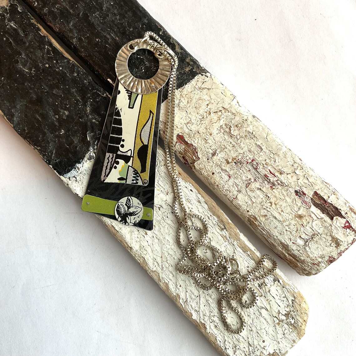 Stacked Tin and Silver Necklace, Greens and Black Vintage Tin, Sterling ...